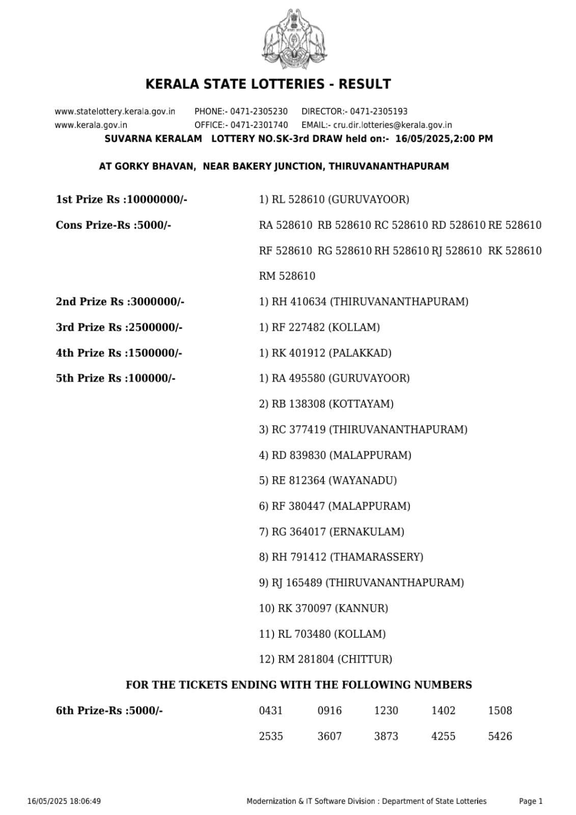 Kerala State Lottery Result Today Suvarna Keralam SK3 Draw 16/05/2025